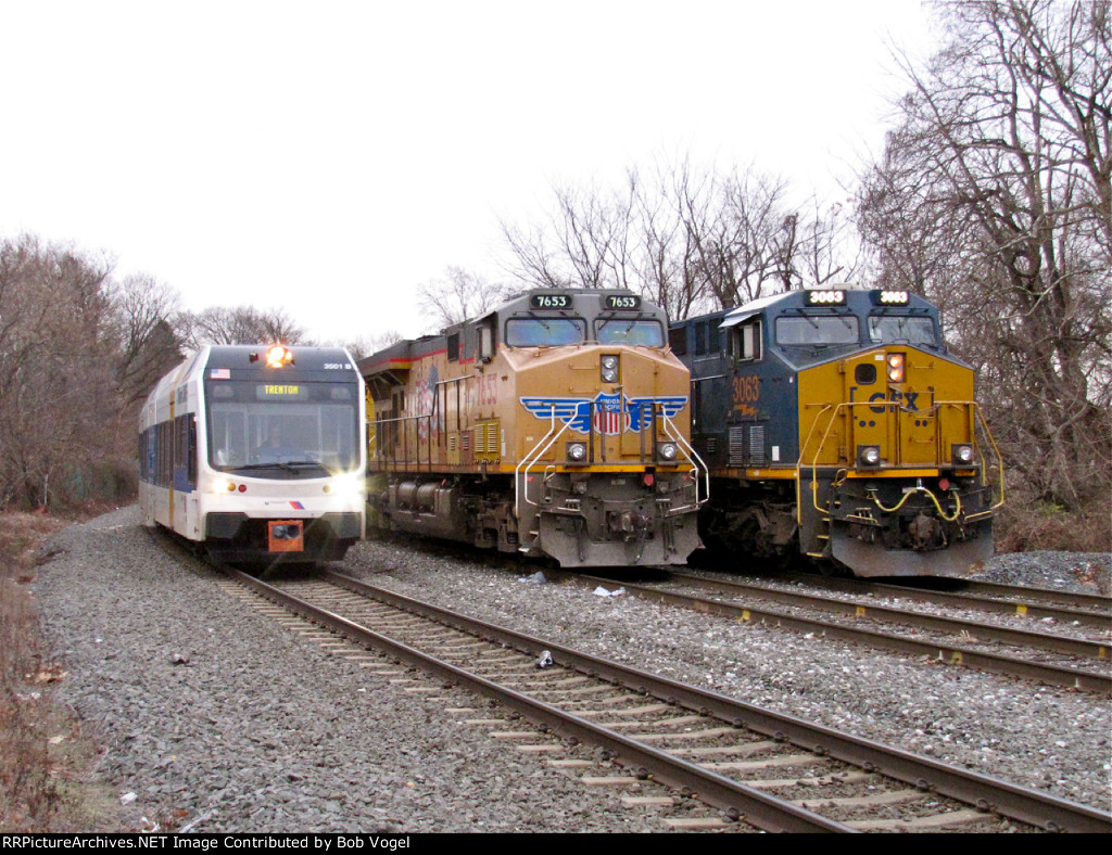 NJT 3501, UP 7653, CSX 3063